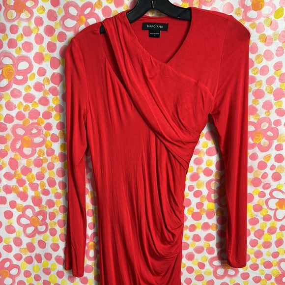Marciano | Dresses | Marciano Midi Dress Red Hot Ruched Bodycon Long ...